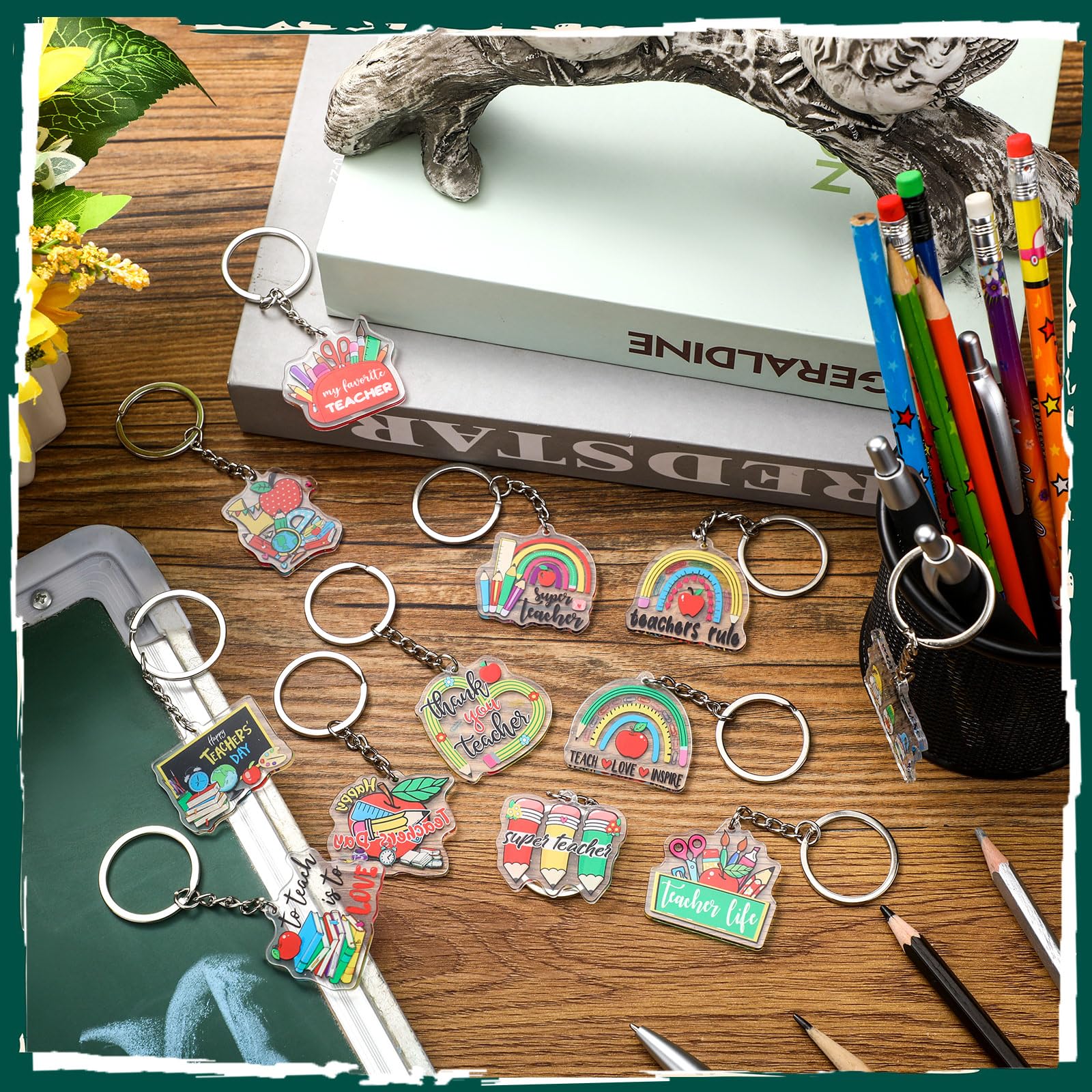 Kigeli 60 Pcs Teacher Keychain Bulk Teacher Appreciation Gifts in Bulk Acrylic Key Rings Teacher Gift Teacher Accessories