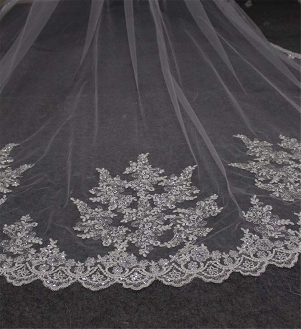 Faithclover Wedding Veils White 1 Tier Sequins Lace Cathedral Long with Comb, Ivory, 3 Meter