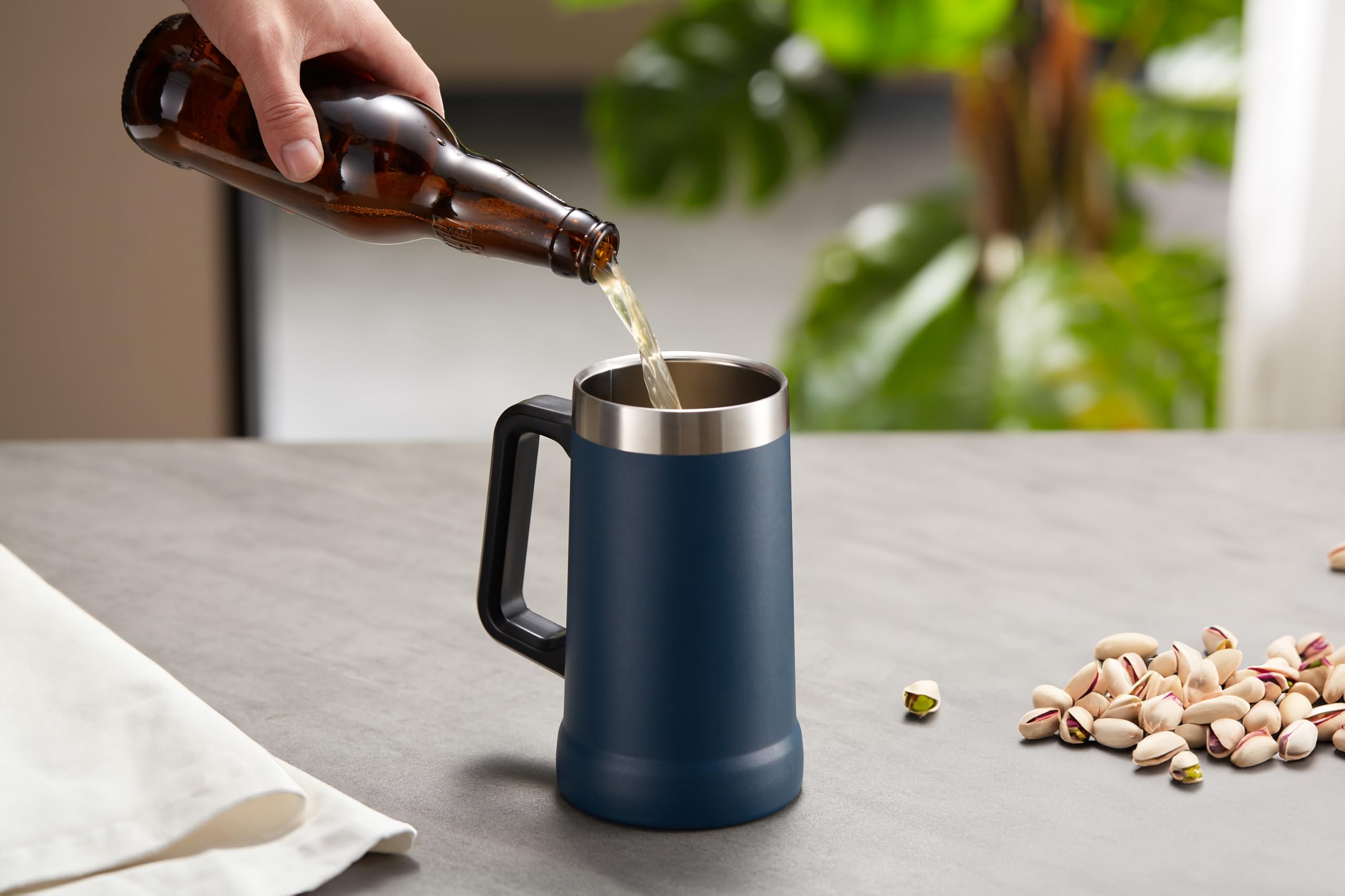 KooK Beer Stein, Stainless Steel Coffee Mug, Tumbler with Thermal Vacuum Insulation, Big Grip, Adventure, Double Walled Drinking Cup, Large Handle, Shatterproof, Navy Blue, 24 oz