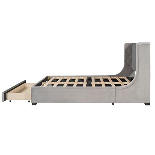 YuiHome Queen Size Velvet Upholstered Platform Bed with a Big Drawer, Queen Storage Bed with Wingback Headboard for Bedroom Guestroom, No Box Spring Needed, Gray