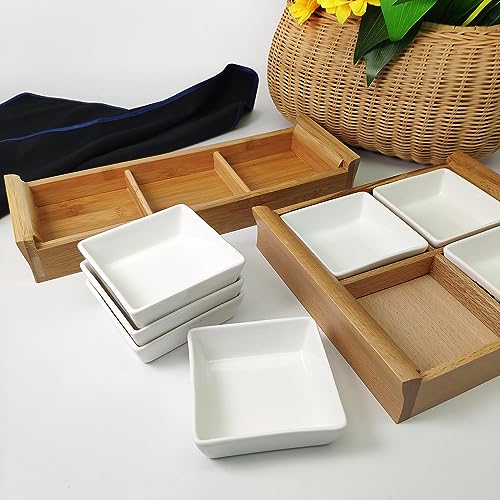 Jinsongdafa Wood Pallet Porcelain Divided Serving Dishes, Appetizer, Relish Tray, Serving Bowls for Parties - Perfect for Chips and Dip, Veggies, Candy and Snacks | Reusable (4 Cells Platters)
