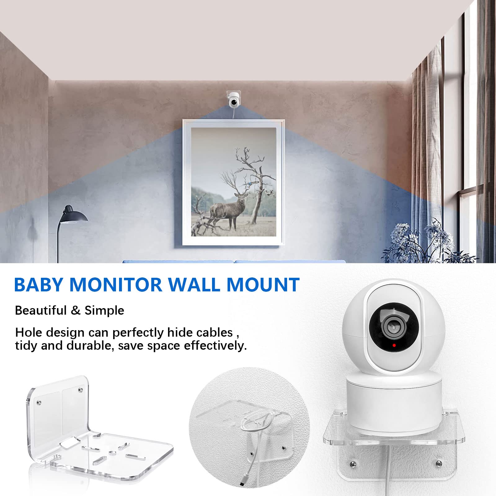 HAYVAN Acrylic Small Wall Shelf Set of 3 for Security Cameras, Baby Monitors, Speakers & More - 4'' Universal No Drill Shelves Easy to Install with Strong Tapes, Screws & Rubber Plug (White)