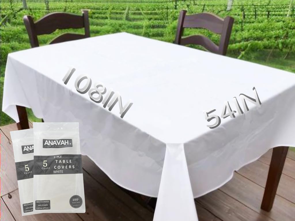 Paper Tablecloths for Rectangle Tables 5 Pack,White Disposable Paper Tablecloth, 3 Ply Paper & Plastic 54" x 108" Tablecover, Table Cloth for Various Occasions Parties, Indoor & Outdoor Banquet Use