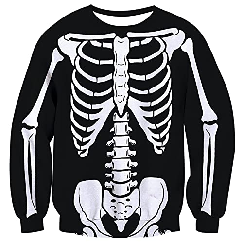 RAISEVERN Mens Halloween Sweatshirts Skeleton Print Funny White Bone Pullover Long Sleeve Shirts Black Cool Holiday Festival Sweater for Women