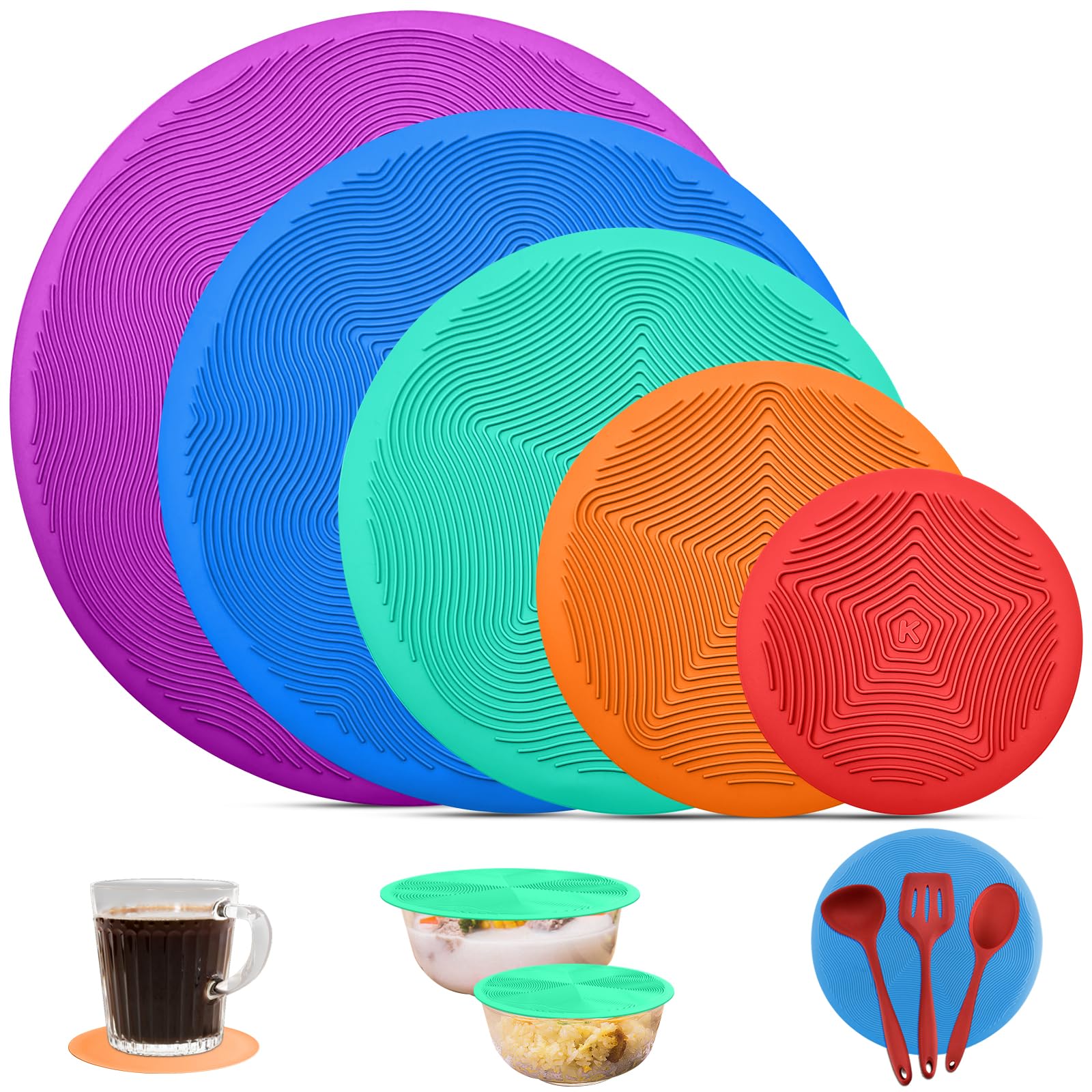 KooMall 12 10 8 6 4 Inch Multi-Purpose Microwave Mat, as Trivet, Pot Holders, Food Cover, Cup Lids, Drying, Place Mat, Utensils Rest, Heat Pad for Hot Pot Pans Bowls Plates Dishes Kitchen Counter