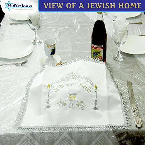 HolYudaica White Satin Challah Cover for Shabbat Bread (20"/16") with Shabbat Candlestick Silver & Gold Embroidery, from Israel, Nice Gifts (Silver, 1)