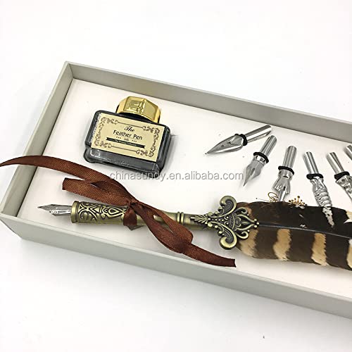 Feather Quill Pen Set Dip pen with ink and 6pcs Stainless Steel Nibs Calligraphy Pen for beginners in Gift Box