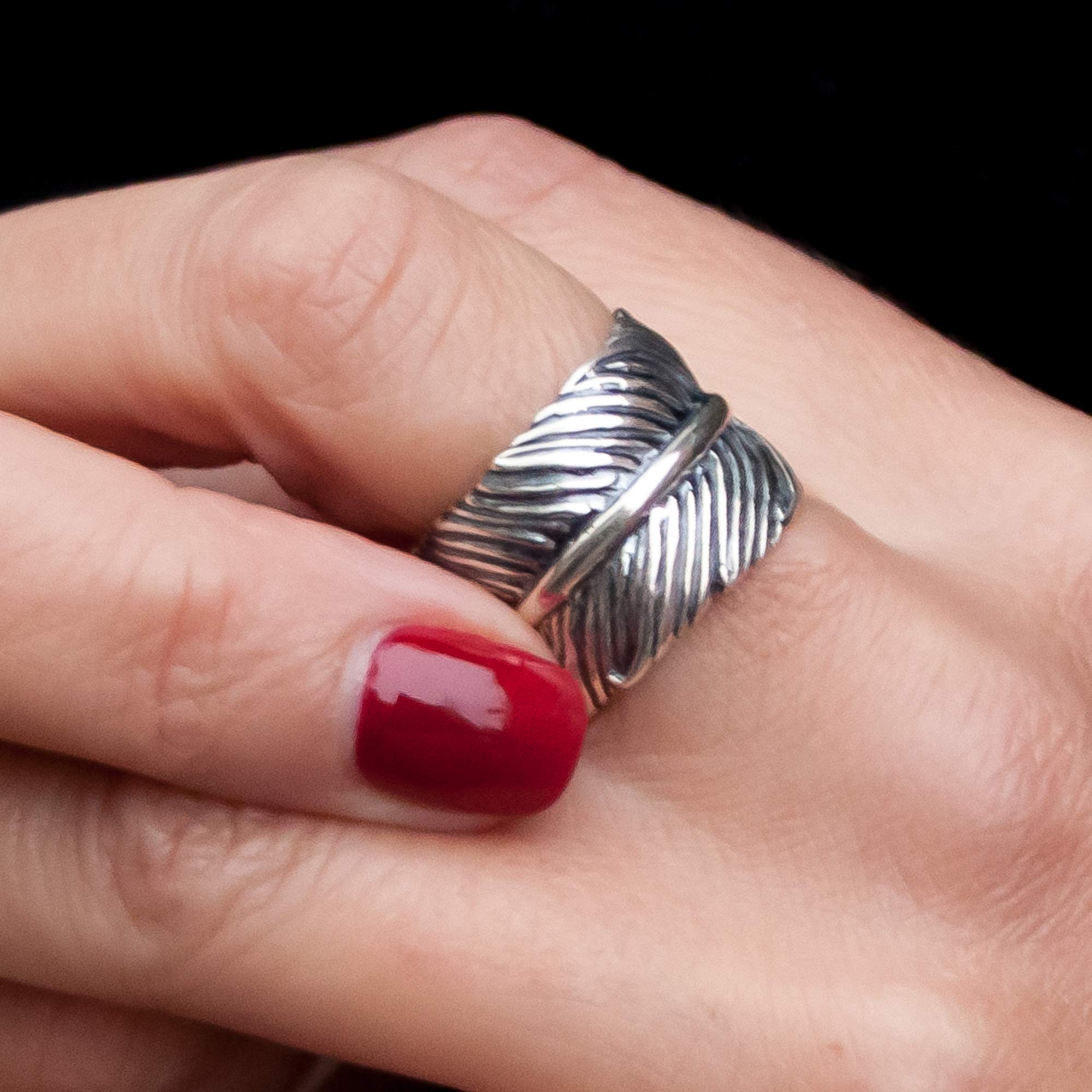 Feather Wrap Band Ring Solid Sterling Silver 925 Wide Unisex Adjustable Resizable Leaf Rings Boho Hippie Yoga Style Fashion Jewelry for Women Men (9.5)