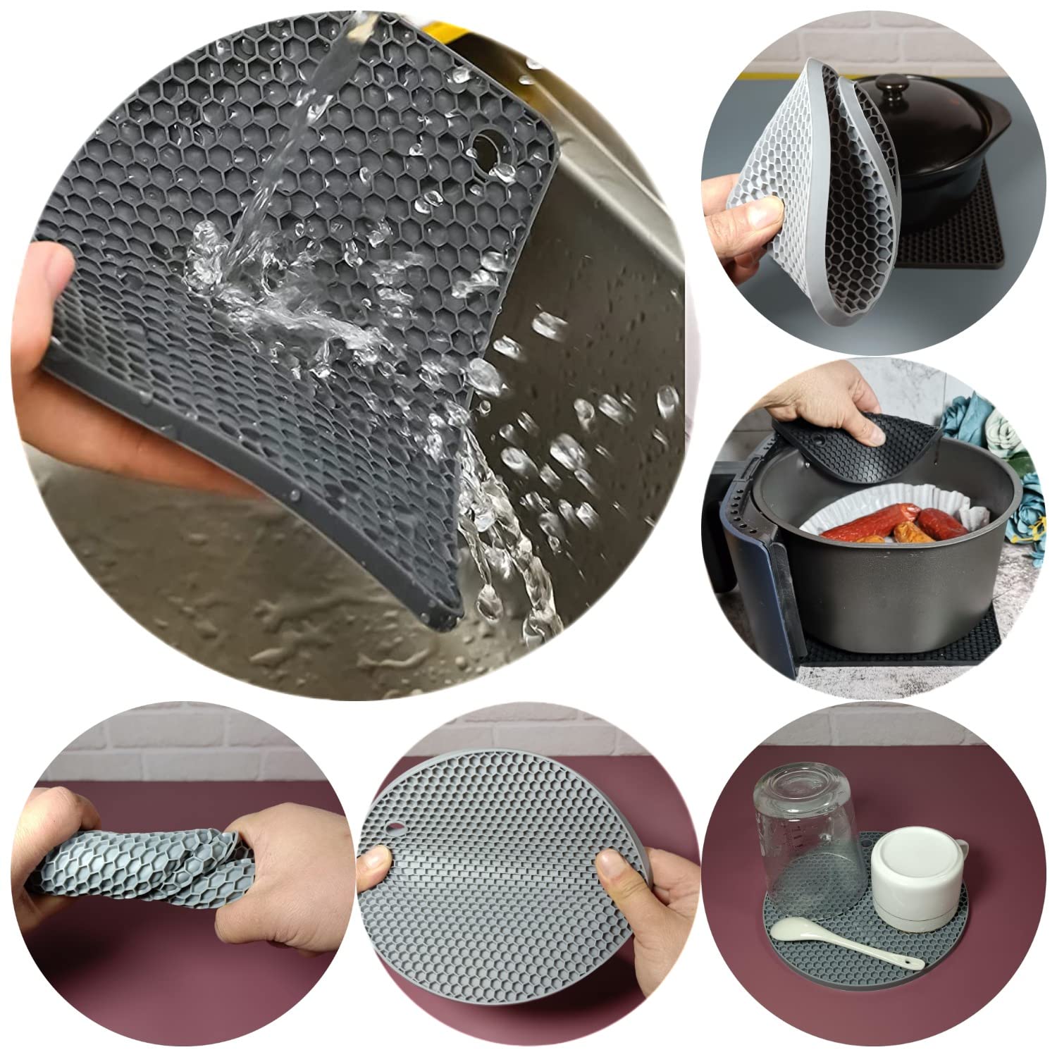 Hotsyang Silicone Trivets, Silicone Trivets for Hot Pots and Pans, Silicone Trivets for Hot Dishes, Trivets Mats Kitchen, Round Silicone Mats Set, Silicone Hot Pads For Kitchen Counter,Dark Grey 4 pcs