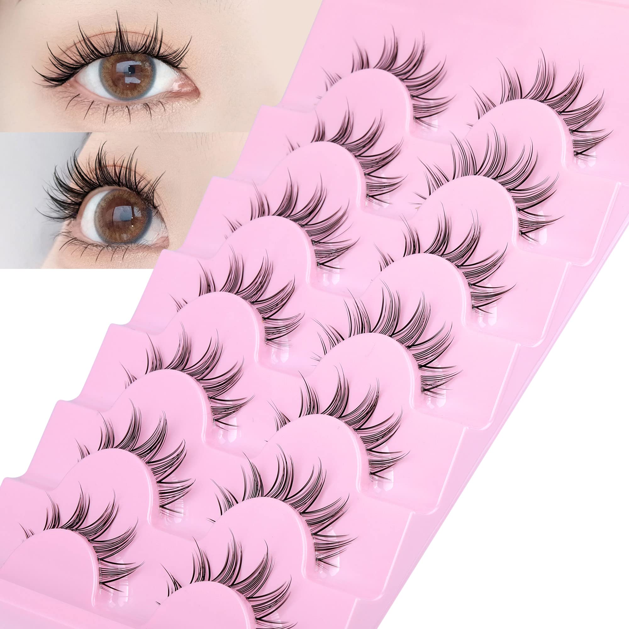 False Eyelashes Manga Lashes Natural Look Wispy Anime Lashes Mink Spiky Fake Eyelashes with Clear Band Strip Korean Eye Lashes Pack by GVEFETIEE
