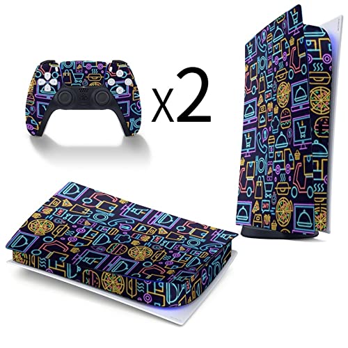 Food Delivery Neon Full Protective Skin Cover Design Wrap Decal Sticker Compatible with PS5 Digital Edition Console and Controller