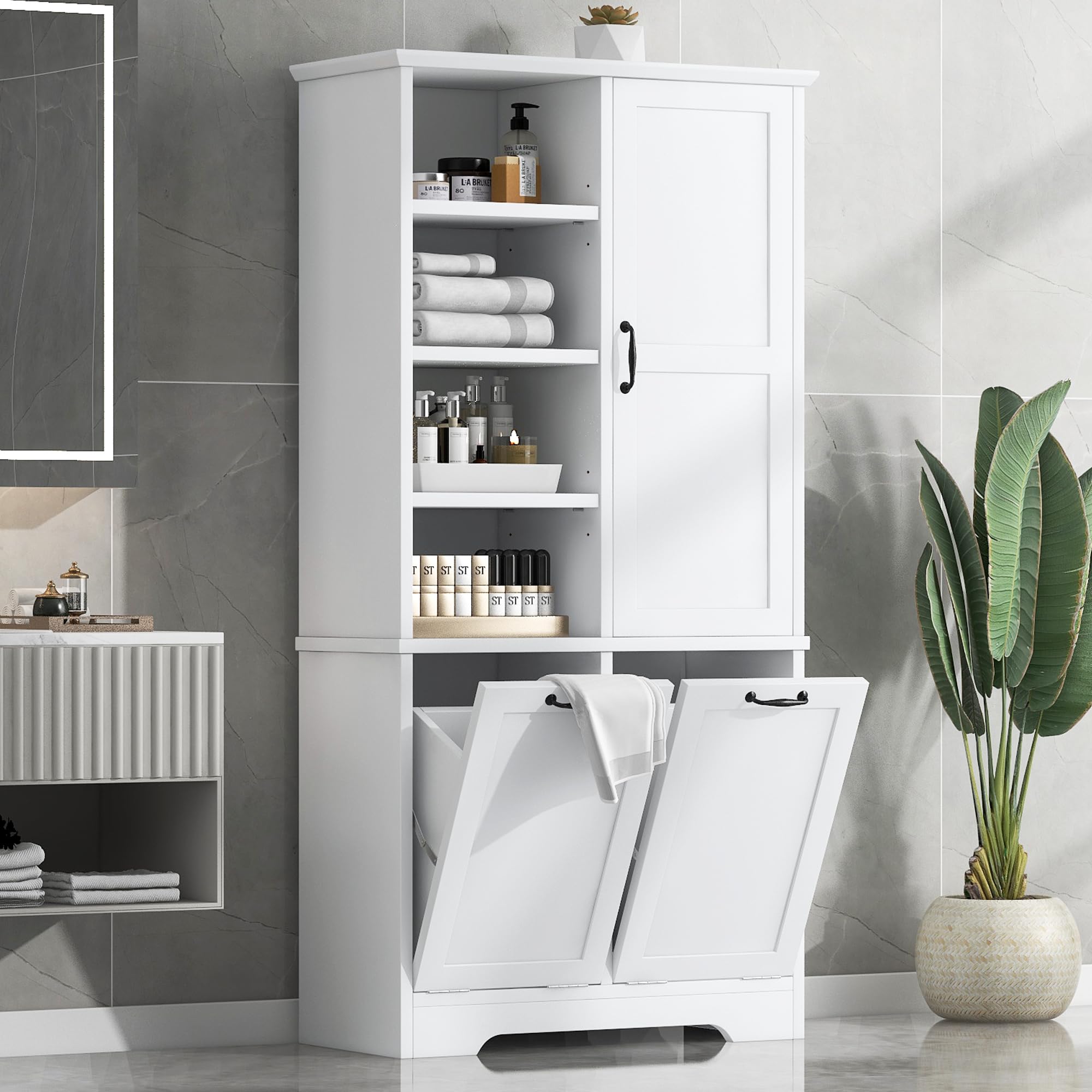 Virubi 68 in Tall Bathroom Laundry Cabinet with 2 Tilt Out Laundry Hamper, Wood Bathroom Storage Cabinet with Doors and Adjustable Shelves, Laundry Room Cabinets Freestanding Bathroom Storage (White)