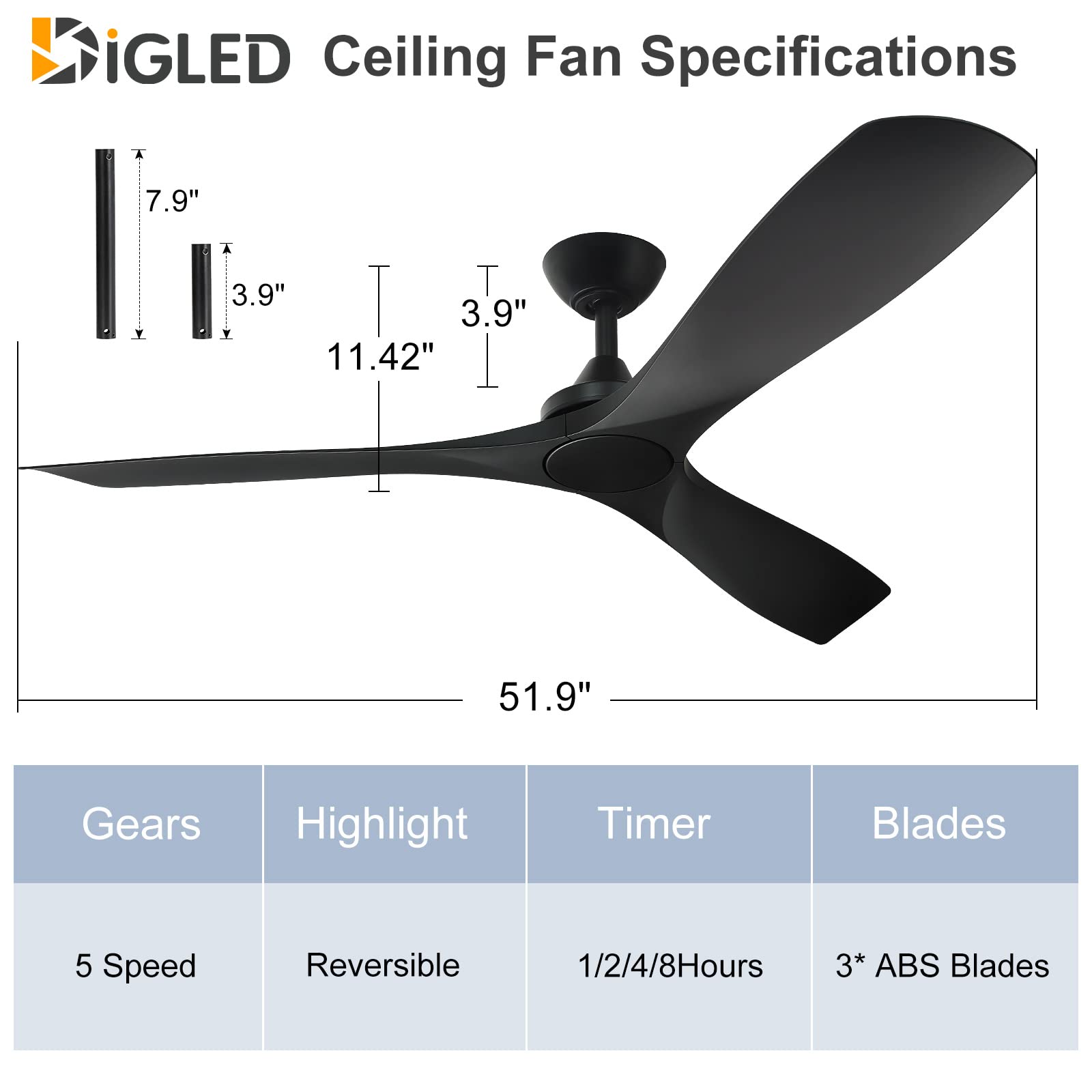 DIGLED 60 Inch Ceiling Fan No Light, Walnut Rustic Ceiling Fan without Light with 3 Blades Noiseless Reversible Motor for Indoor Living Room, Kitchen, Farmhouse, Outdoor Covered Potios, No Light