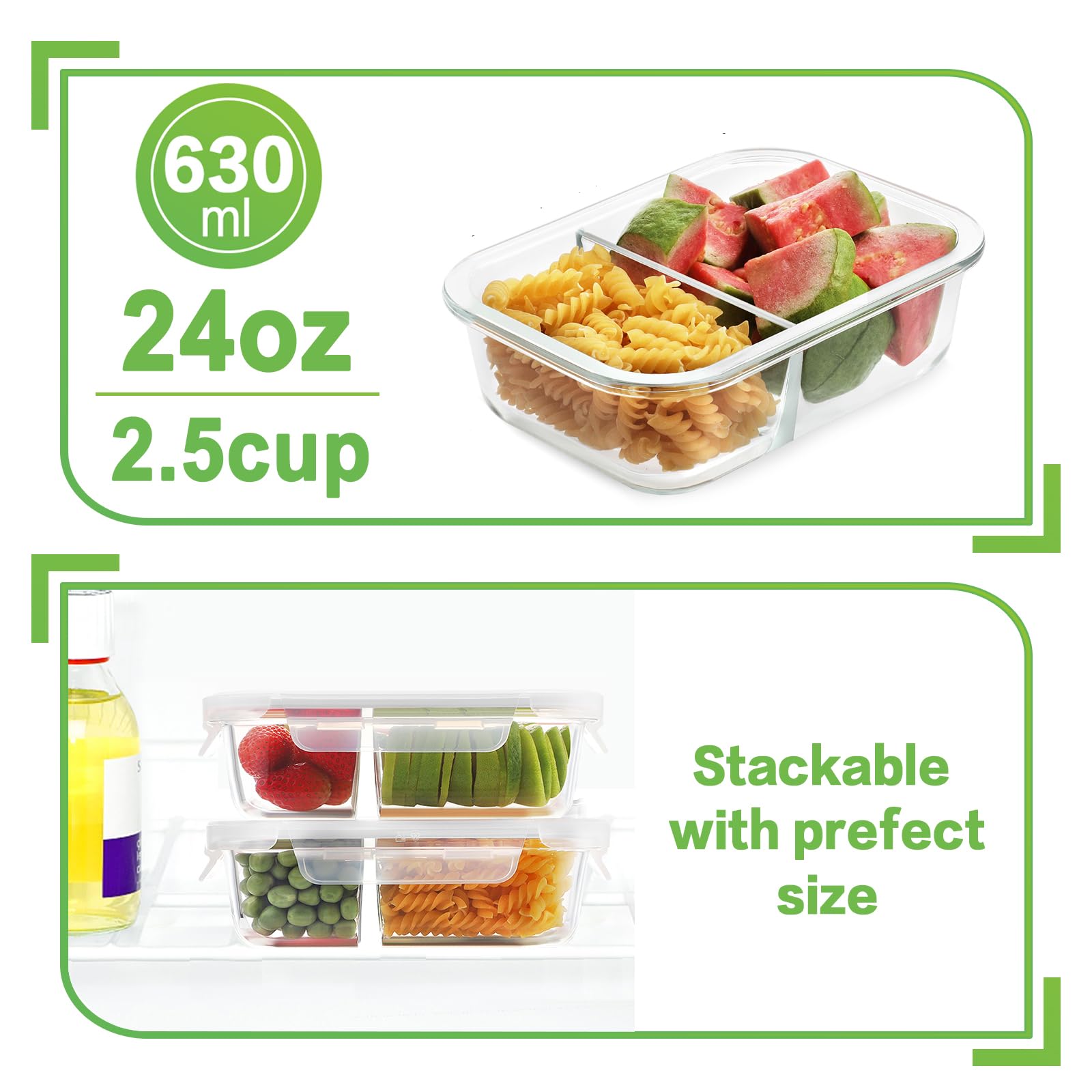 HOMBERKING 10 Pack Glass Meal Prep Containers 2 Compartment, Food Storage Containers with Lids, Airtight Lunch Bento Boxes (10 lids & 10 Containers) - White