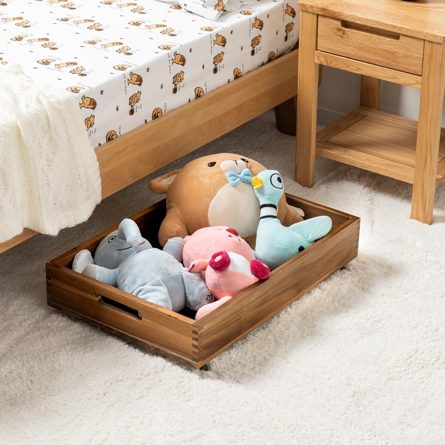 MyGift 24 Inch Premium Acacia Solid Wood Under Bed Storage Cart with Rotating Wheels, Wooden Box Joint Corner Rolling Underbed Bin Tray Space Saving Bedroom Organizer