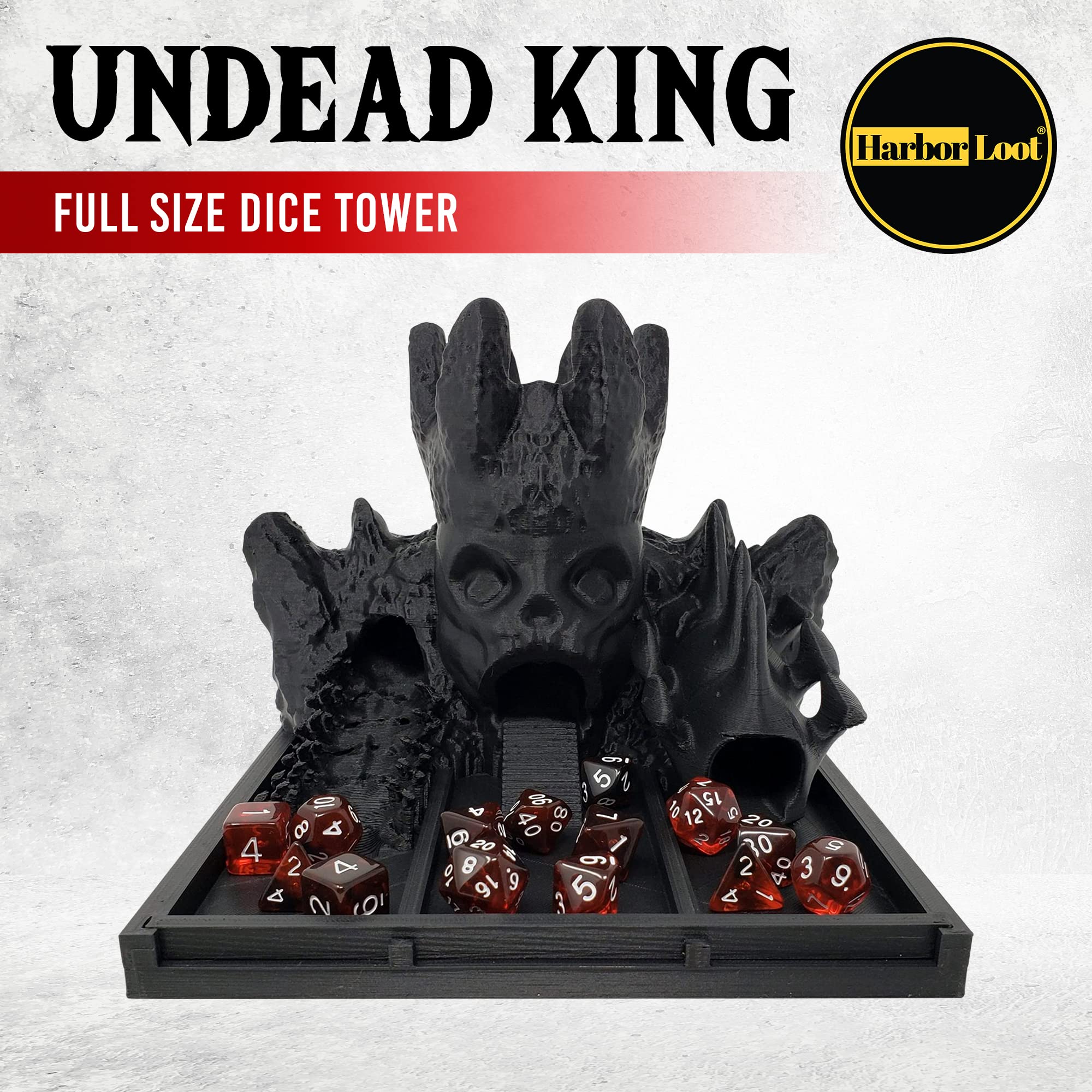Harbor Loot Undead King Full Size Dice Tower Including 2 Sets of RPG Dice and Integrated Dice Tray