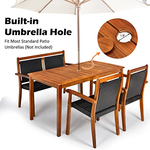 Tangkula 4 Pieces Patio Dining Set for 4, Patiojoy Space-Saving Outdoor Acacia Wood Dining Table and PE Rattan Chairs Set with 1.9β Umbrella Hole, for Garden, Backyard, Deck, Poolside, Balcony