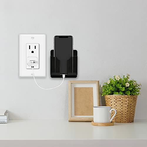 WZSANDS 4PCS Wall Mount Phone Holder with Adhesive, Phone Stand with Data Line Receiving Hole, Bed Side Shelf,Remote Control Stand, Use for Home,Office Black