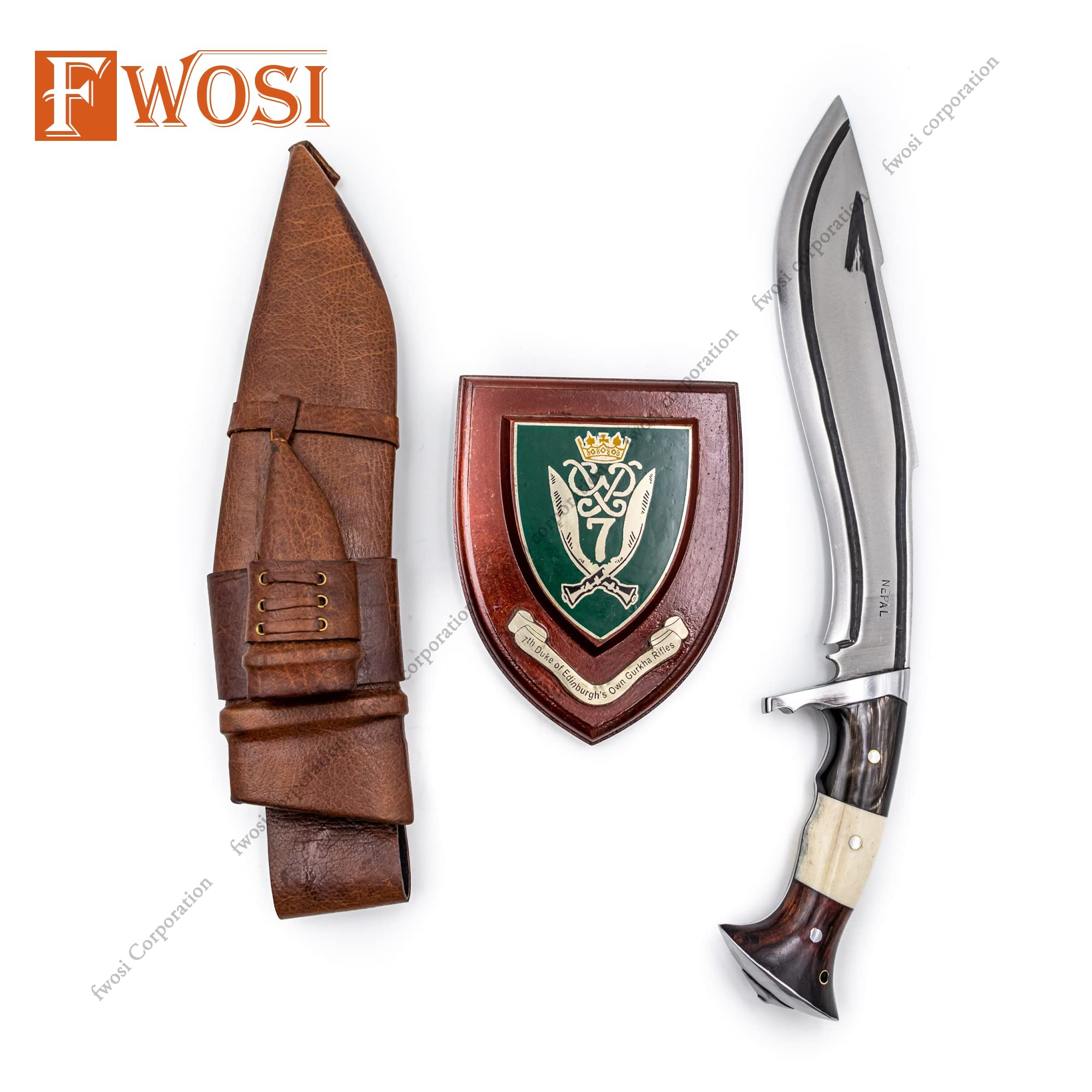 Fwosi Kukri Knife- 13-Inch Sharp Fixed Blade High Carbon Steel Knife With Brown Leather Sheath and Bone & Wood Handle, Nepal Handmade Hunting Knife