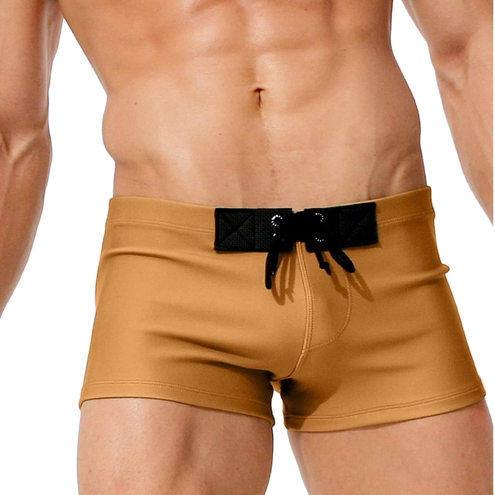 FDSD Man Swimsuit Men's Swim Trunk Solid Color Drawstring Quick Dry Low-Rise Sexy Soft Summer Shorts (XL, Khaki)