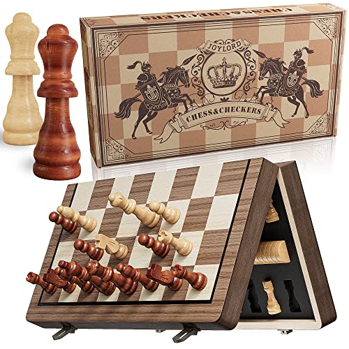 Joylord Wooden Chess and Checkers Game Set - 15" Magnetic Checkers and Chess Set - Felt Bottom, Inlaid Wood, Handcrafted Pieces, Veneer Inlay - Folding Chessboard, 2 Extra Queens