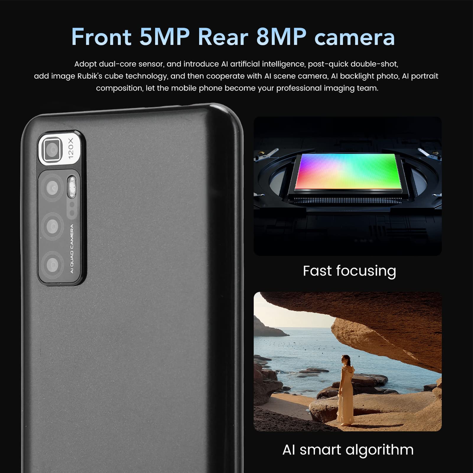 GOWENIC 5in Cellphone for Android11 2.4G 5G WiFi 5MP Front 8MP Rear Camera 4800mAh MT6580 8 Core 2GB RAM 16GB ROM 100‑240V Black Smartphone