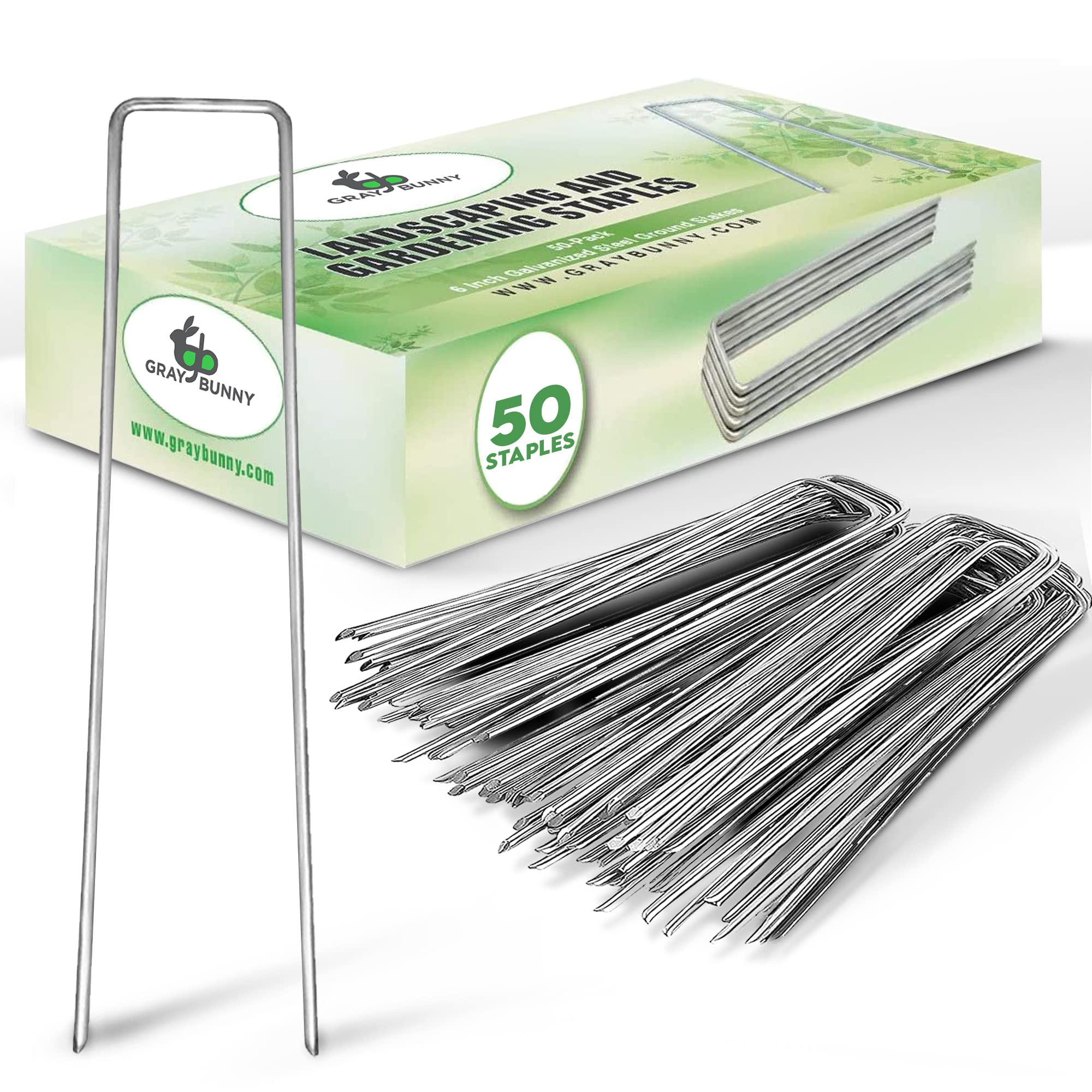Gray Bunny 6 Inch 50 Pack U-Shaped Garden Stakes, 11 Gauge Galvanized Landscape Staples, Rustproof Garden Staples for Landscaping Securing Weed Barrier Fabric, Irrigation Tubing, Tarpaulin and More