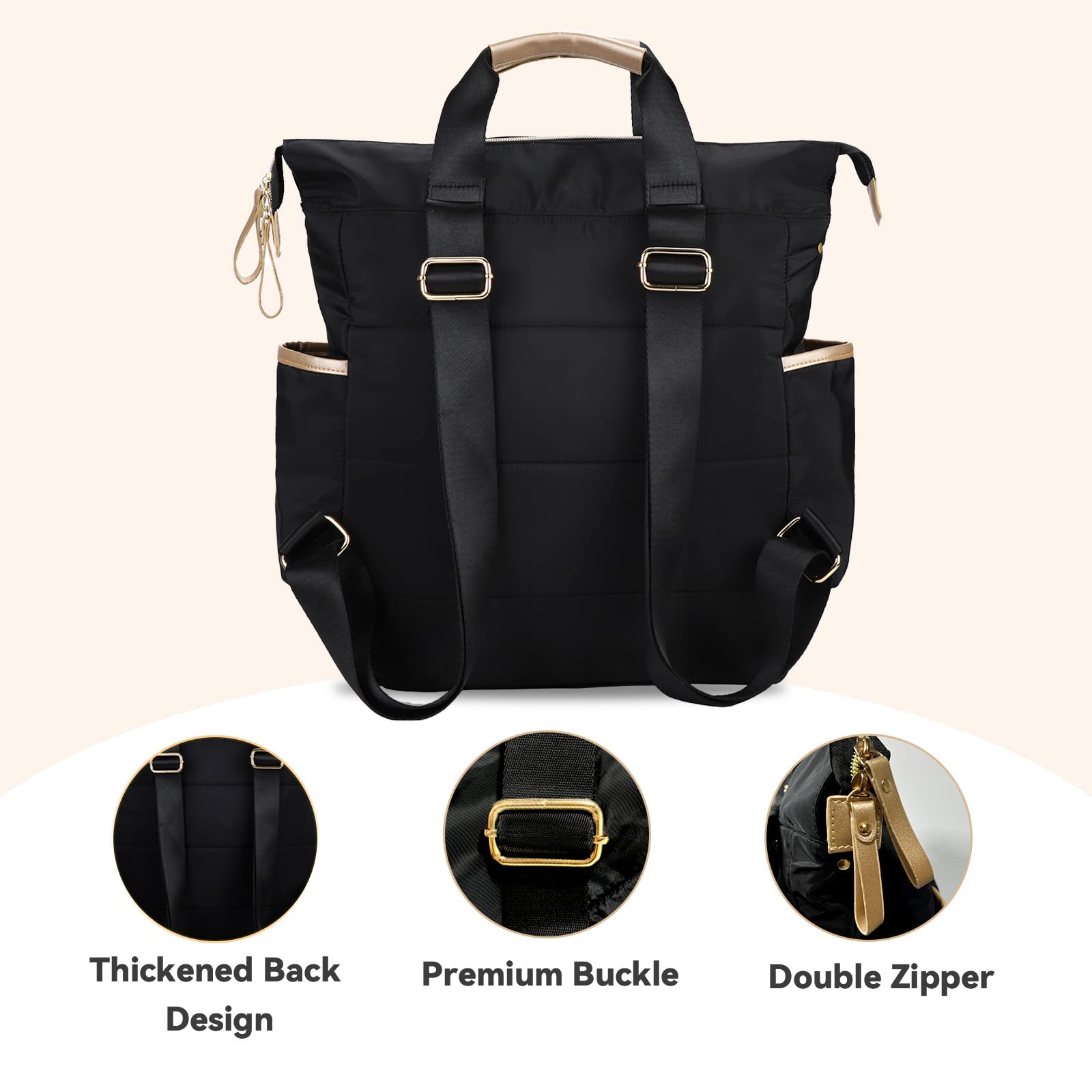 MYZIDEA Baby Diaper Bag Backpack, Stylish Multifunction Travel Back Pack with Portable Changing Pad, Pacifier Case and Stroller Straps, Stylish Backpack for Moms Dads, Black Gold