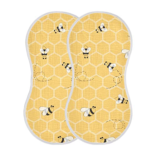YYZZH Cute Bee On Honey Yellow Honeycomb Muslin Burp Cloths for Baby 2 Pack 100% Cotton Baby Washcloths Bibs for Boy Girl