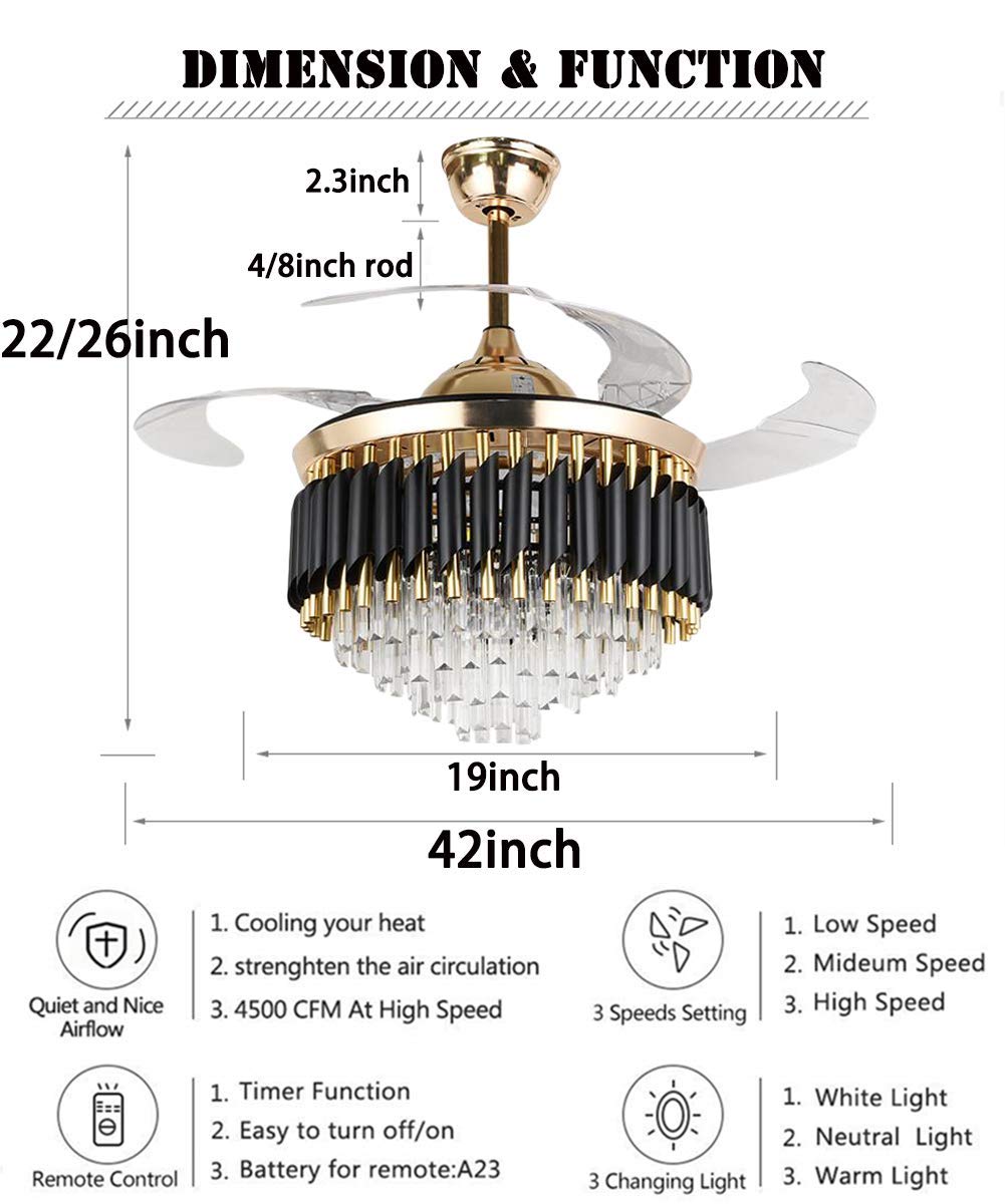 Fandian 42" Crystal Ceiling Fan with Light Remote Control Chandelier Retractable Fandelier, Luxury 3 Color Lighting for Dining Room, Living Room
