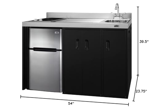 Summit Appliance CK54SINKR 54" Wide All-In-One Kitchenette, Stainless Steel Sink and Faucet, 2-door Refrigerator-freezer, 2-burner Smooth-top Cooktop, Indicator Lights, Storage Compartments