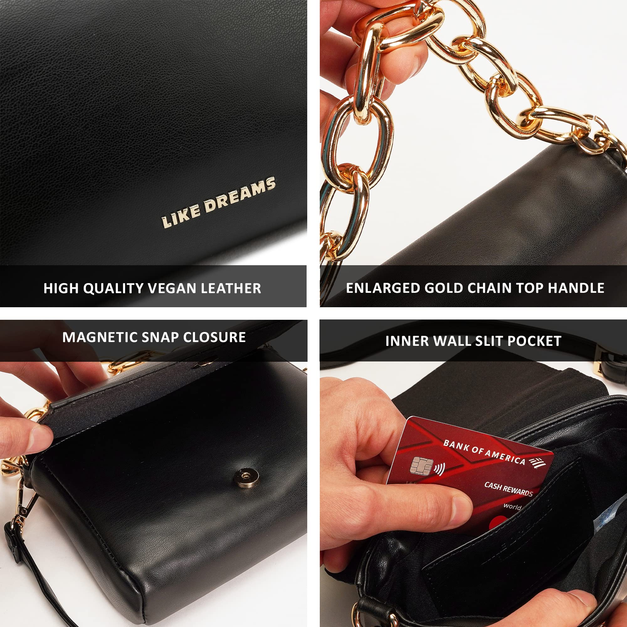 Like Dreams Womens Soft Vegan Leather Crossbody Bag Oversized Gold Chain Detachable Strap Small Hobo Handbag (Black)