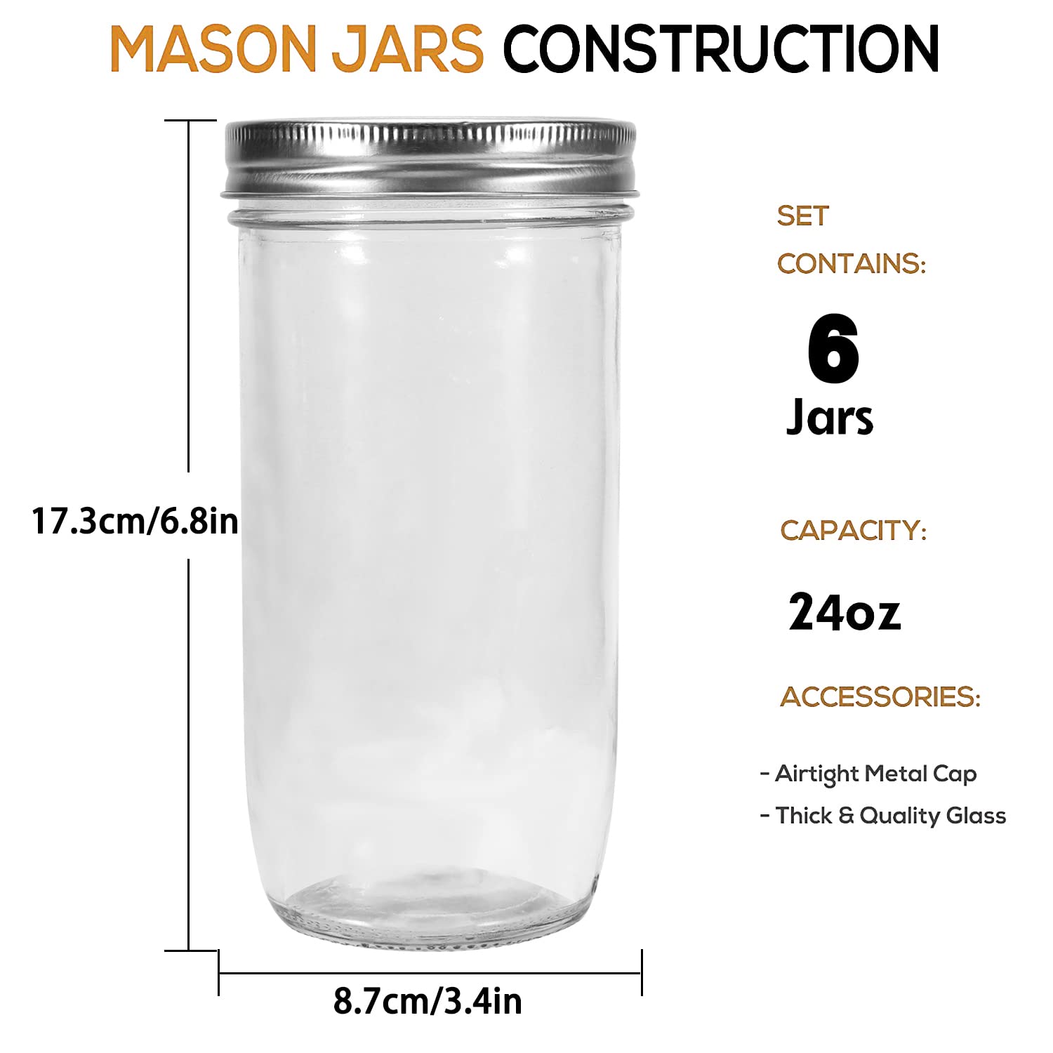 Ieavier Mason Jars Wide Mouth 24oz, 6 pack Glass Pickle Canning Jars Food Storage With Airtight Mason Jar lids and Bands for Canning, Preserving, Fermenting, Pickling, DIY Projects