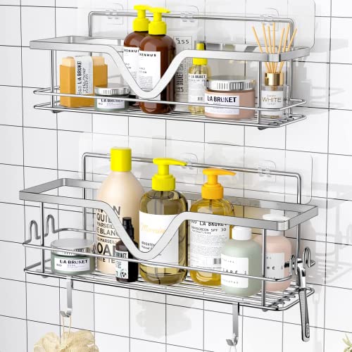 SIXDOVE Shower Caddies 2 PACK - No Drilling Adhesive Shower Organizer with Hooks, Rustproof SUS304 Stainless Steel Bathroom Shower Shelf, Shower Rack Large Shower Holder & Kitchen Storage (Silver)