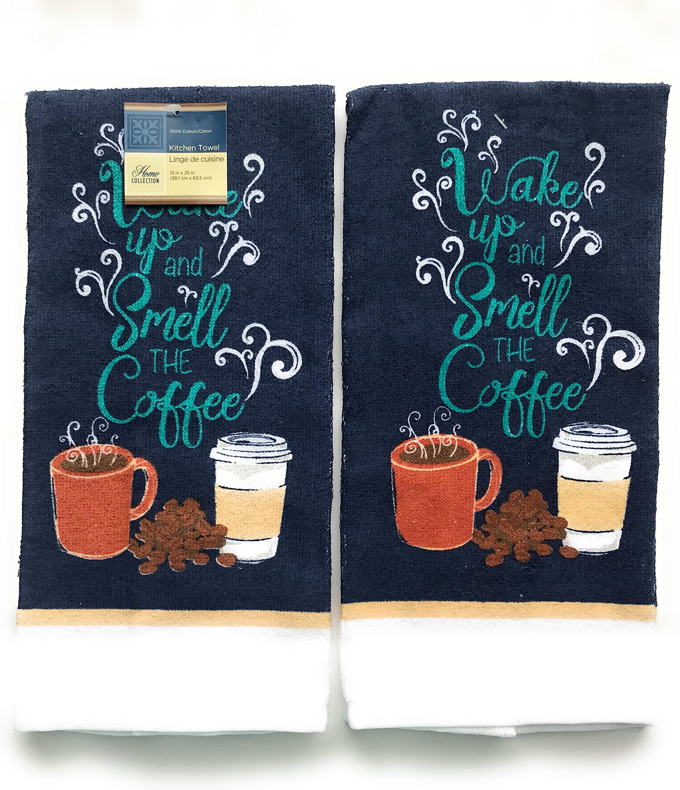 Home Collection 2 Deep Blue Coffee Theme Kitchen Towels (Wake Up and Smell The Coffee)