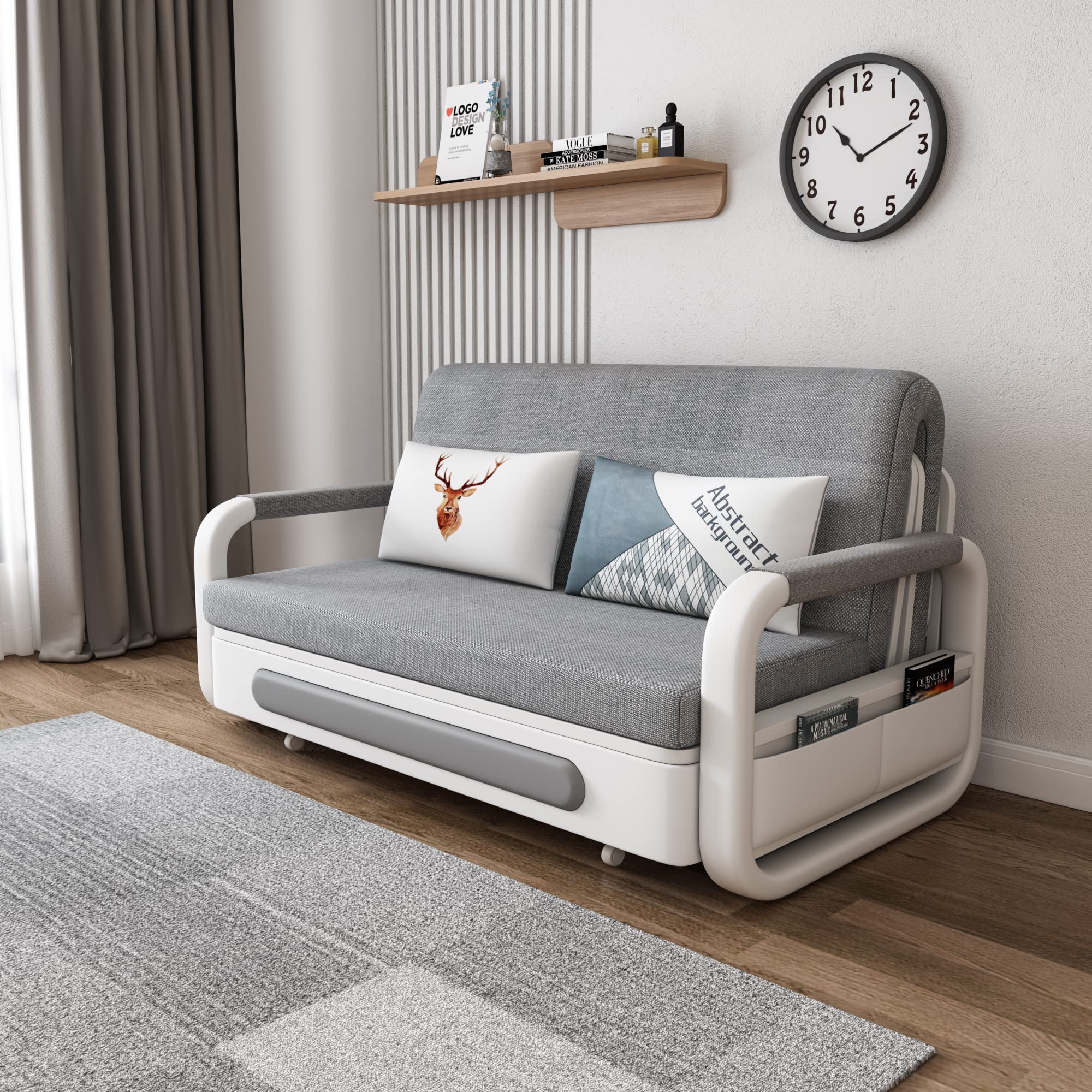 Luck Idea 62" Modern Light Gray Cotton Linen Upholstered Convertible Pull Out Sofa Bed with Storage, Perfect for Living Room or Bedroom (34.6" D x 62.2" W x 34.2" H)
