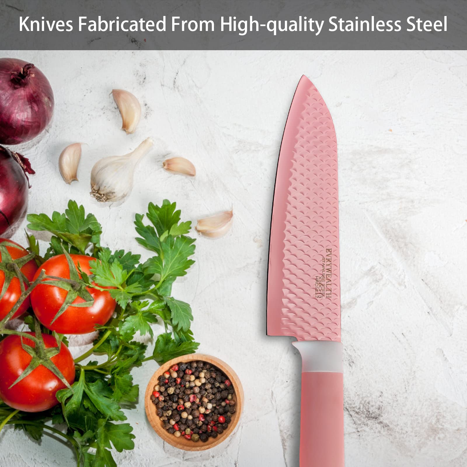 Kitchen Knife Set, Retrosohoo Fish Scales Non-stick Chef Knife Set with Cutting Board and Acrylic Stand, Stainless Steel Sharp Cooking Knives with Gift Box (Pink)