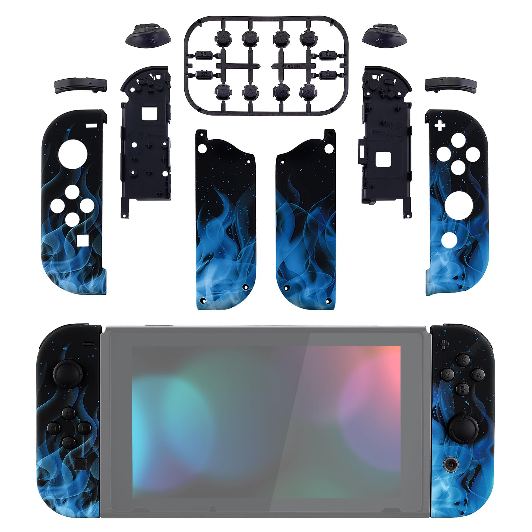 eXtremeRate DIY Replacement Shell Buttons for Nintendo Switch & Switch OLED, Blue Flame Soft Touch Custom Housing Case with Full Set Button for Joycon Handheld Controller - Joycon NOT Included