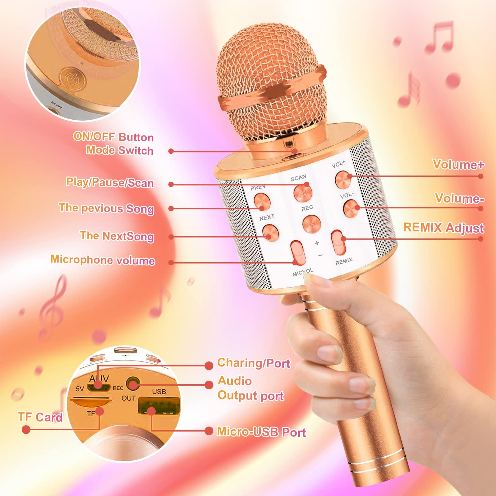 Hayruoy Bluetooth Microphone For Kids, Portable Handheld Microphone With 5 Voice Effects, Easy To Connect, Professional Karaoke System, Long Playback Time, Great Gift For Kids