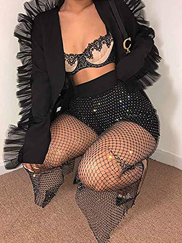 Fstrend Sparkly Crystal Mesh Fishnet Pants Black Rhinestone See Through Bottoms