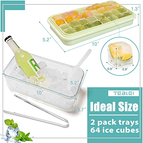 TEBLEI Ice Cube Tray with Lid and Bin, 64 Pcs Silicone Ice Cube Trays for Freezer, Easy Release & Save Space, 2 Ice Trays with Tongs and Scoop, for Whiskey, Cocktail | BPA Free