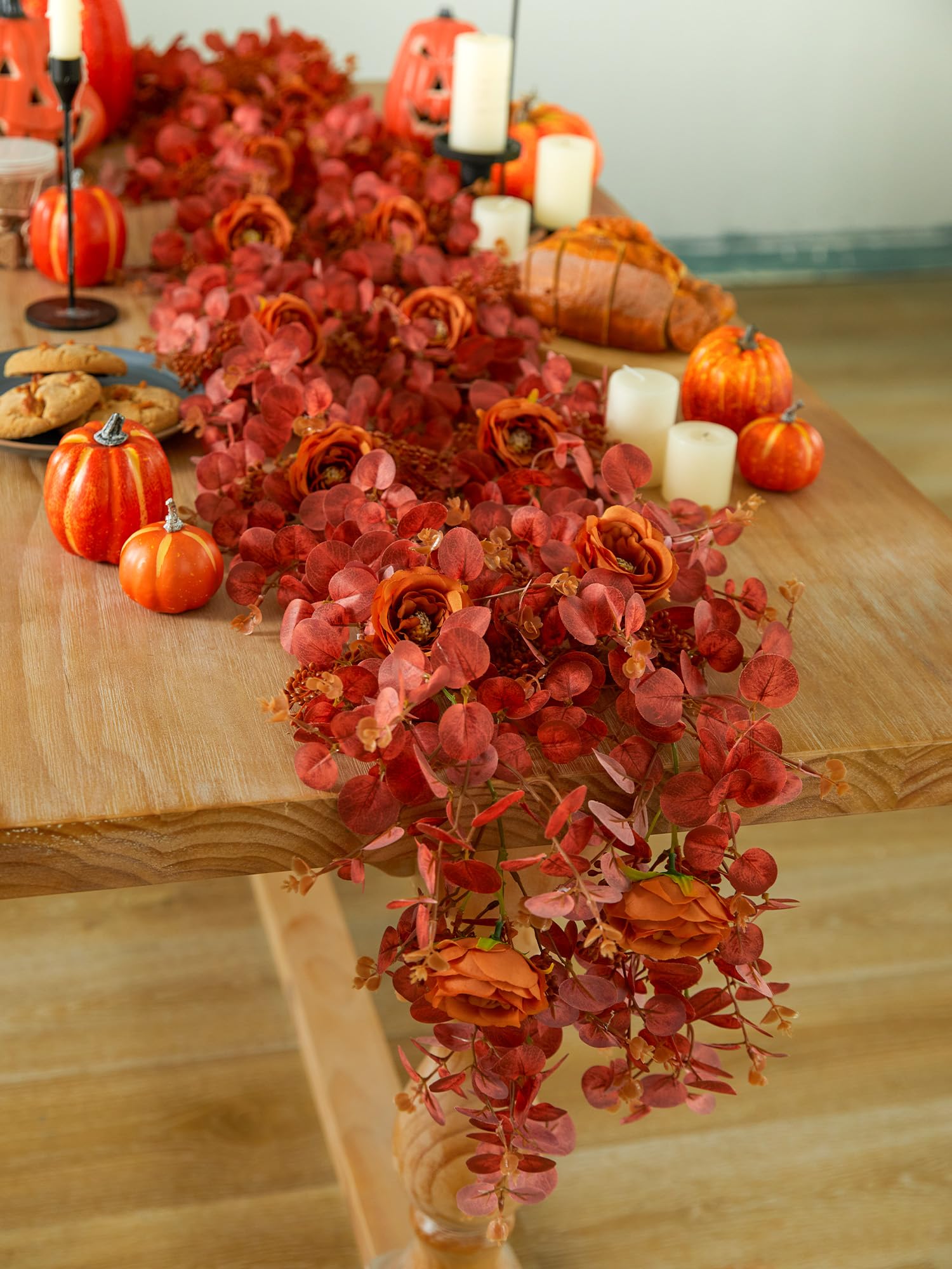 PARTY JOY 6.56ft Fall Decor Orange Eucalyptus Garland with Flowers 8 Orange Roses, Fall Garland Artificial Fake Flowers Floral Vines for Autumn Decor Fall Decorations for Home Indoor Outdoor