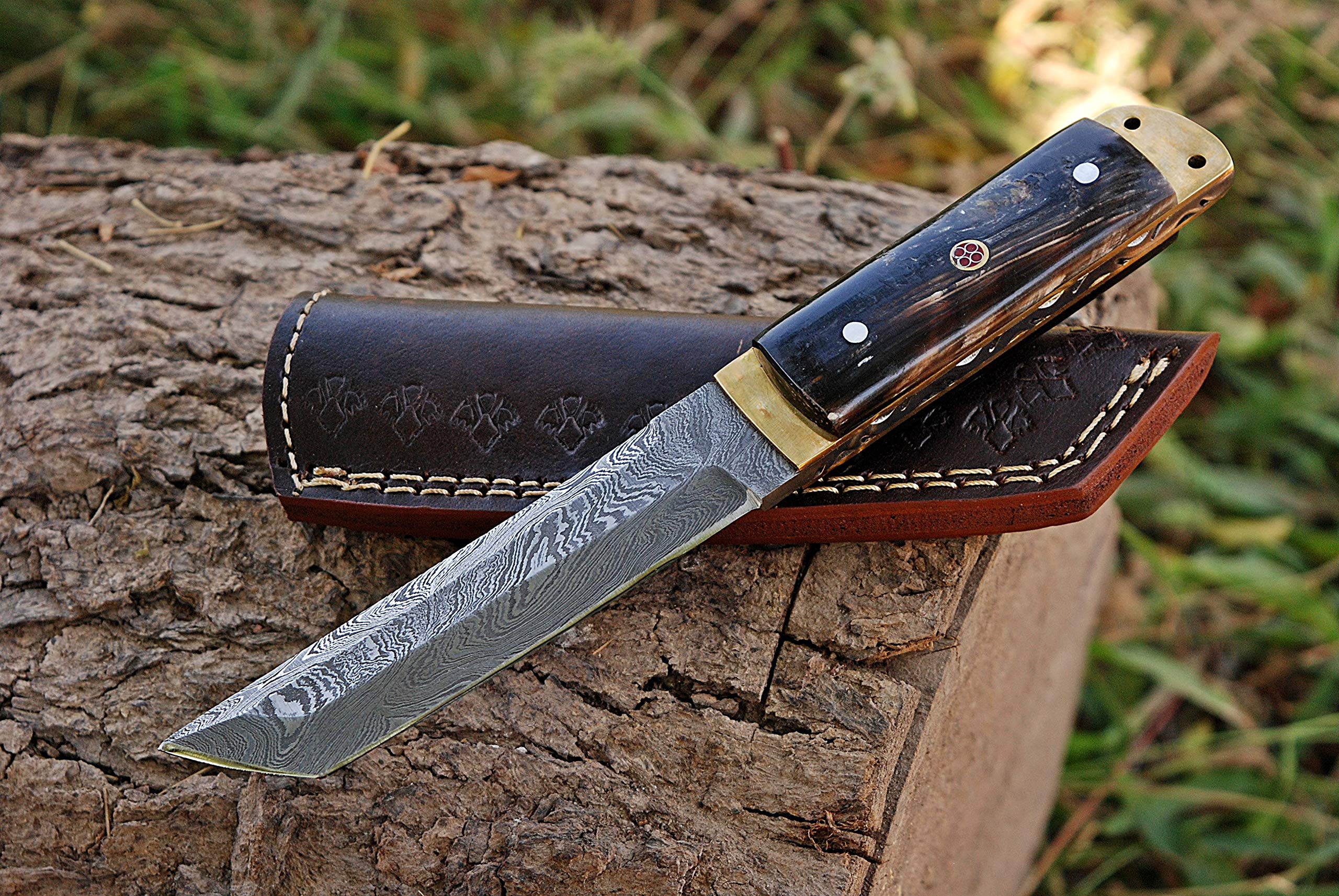 Generic Custom Hand Made Damascus Steel Tanto Hunting Knife Bull Horn Handle EB 06
