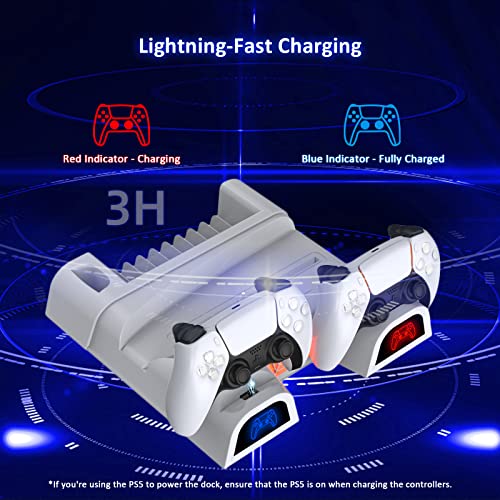 NexiGo PS5 Accessories Silent Cooling Stand with Headset Holder and AC Adapter, for PS5 Disc & Digital Editions Dual Controllers Charger, 3 Levels Adjustable Fans Speed, 10 Game Rack Organizer, White