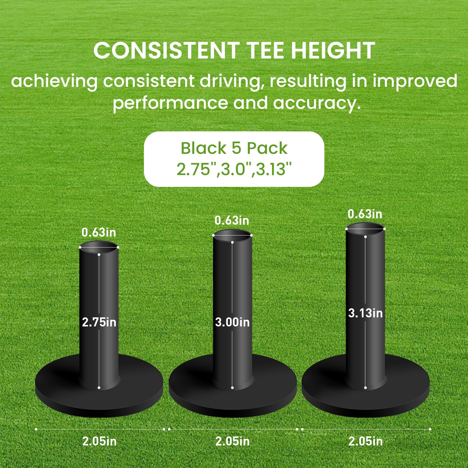 Golf Rubber Tees Driving Range 3 Pack 2.75" 3.0" 3.13" Different Size Professional Durable Tee Set for Indoor Outdoor Practice Range Mats (3 Pcs-Black (2.75β+3.0β+3.13β))