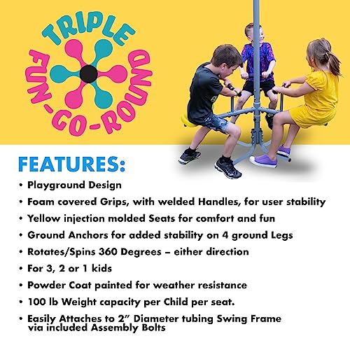 XDP Recreation Triple Fun-Go Round - Outdoor Backyard Kids Fun Twirling, Spinning Playground 2" Diameter Metal A-Frame Swing Set Accessory add-on, Gray