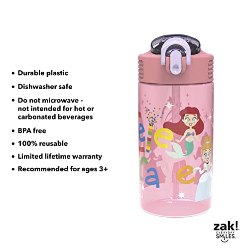 Zak Designs Kids Water Bottle For School or Travel, 16oz 2-Pack Durable Plastic Water Bottle With Straw, Handle, and Leak-Proof, Pop-Up Spout Cover (Disney 100 Princess, Limited Edition)