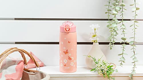 Zak Designs Water Bottle for Travel and At Home, 19 oz Vacuum Insulated Stainless Steel with Locking Spout Cover, Built-In Carrying Loop, Leak-Proof Design (Daisies)
