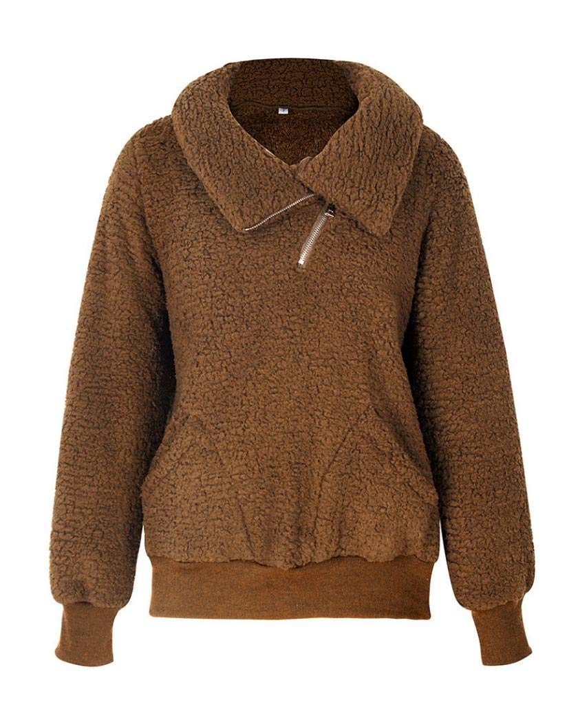 Gets Women's Winter Oblique Lapel Sweatshirt Faux Shearling Shaggy Warm Pullover Zipped Up with Pockets Outerwear (Khaki,M)