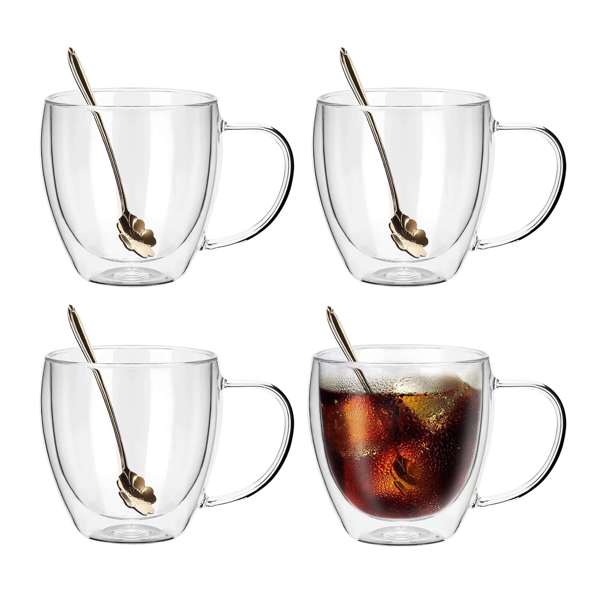 JNSMFC Double Walled Glass Coffee Mugs with Handle,4-Pack 8oz Insulated Glass Coffee Mugs Set,Clear Glass Coffee Cups for Espresso, Latte, Cappuccino,Wine,Tea Bag, Hot Beverage(Extra Spoons)